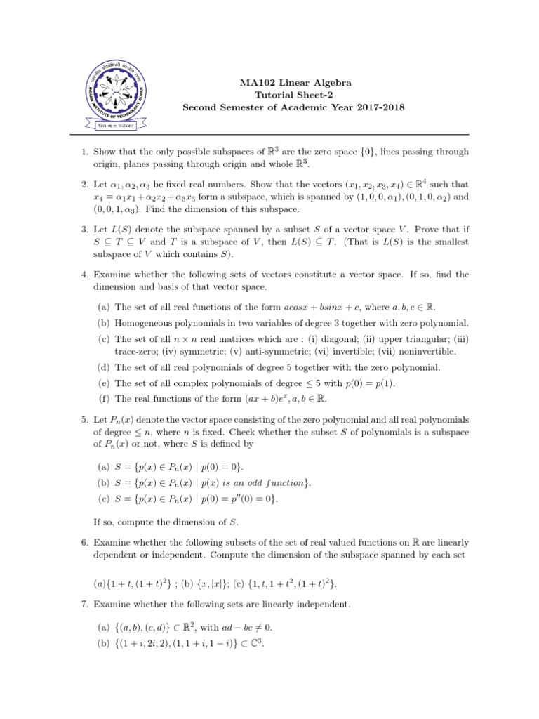 MA102 Tutorial2 | PDF | Linear Subspace | Basis (Linear Algebra)