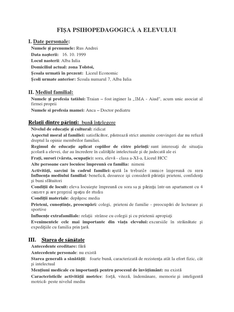 Fisa Psihopedagogica - Completata | PDF
