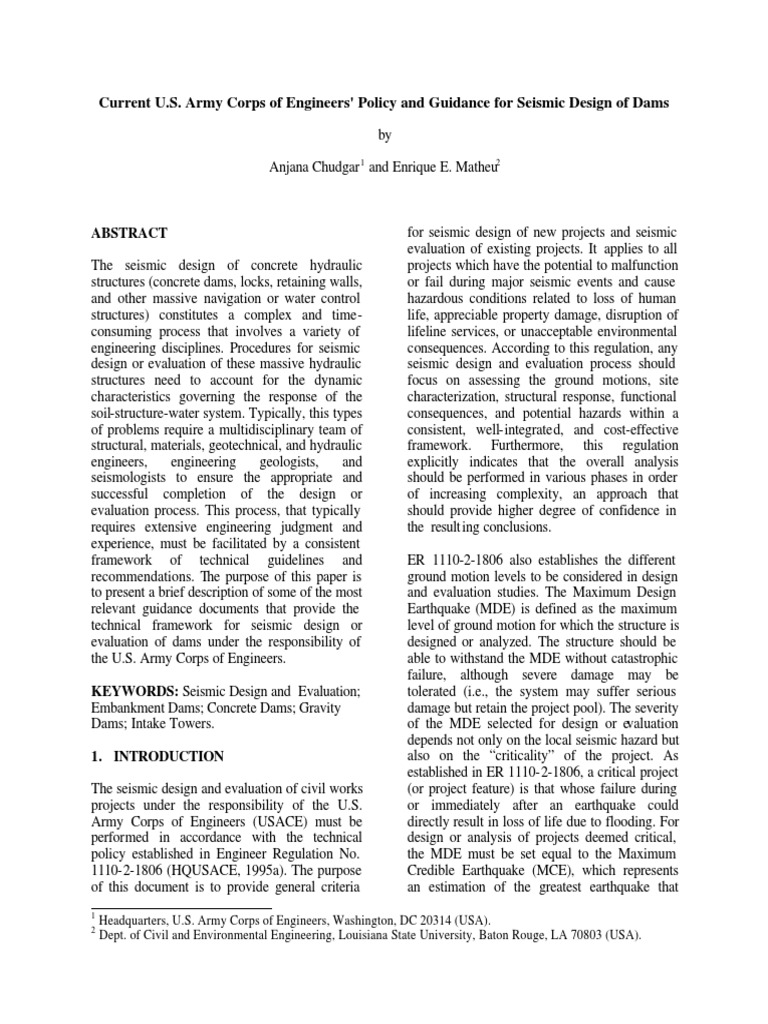 Current U.S. Army Corps of Engineers' Policy and Guidance For Seismic ...