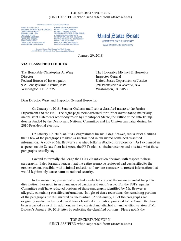 2018-01-29 CEG To FBI and DOJ IG (Unclassified Cover Letter On ...