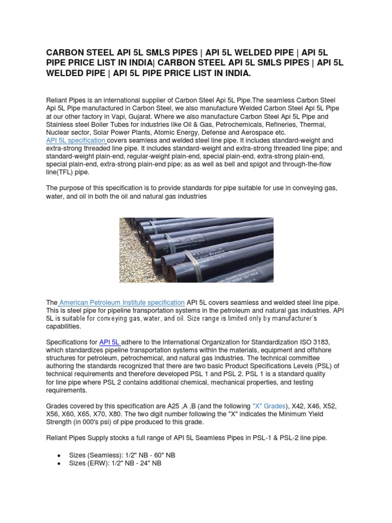 Carbon Steel API 5l Smls Pipes | PDF | Pipe (Fluid Conveyance) | Petroleum