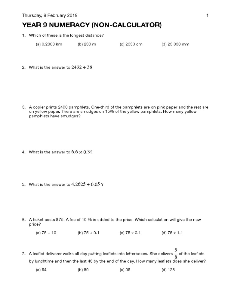 Year 9 Numeracy Practice Test | PDF