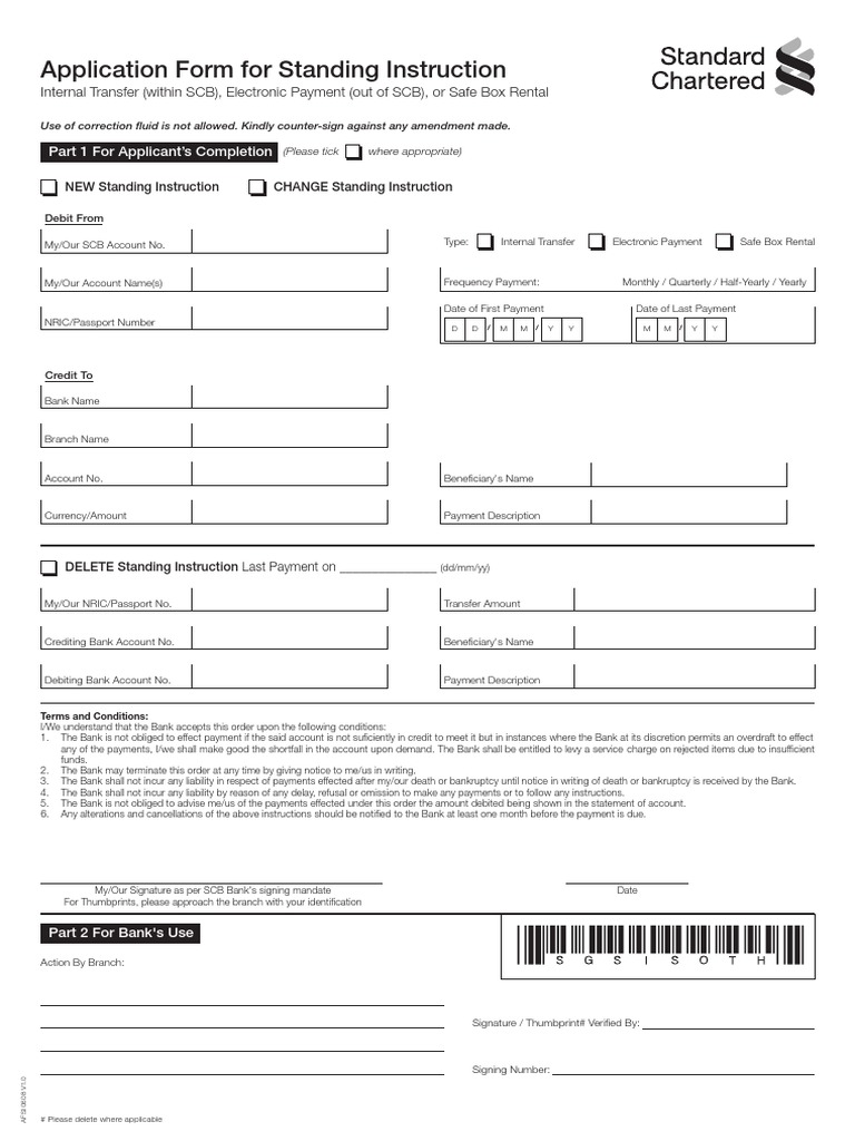 SCB Standing Instruction Application Form | PDF | Payments | Overdraft