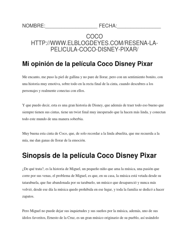 Reseña de la película Coco de Disney | PDF | Pixar | México