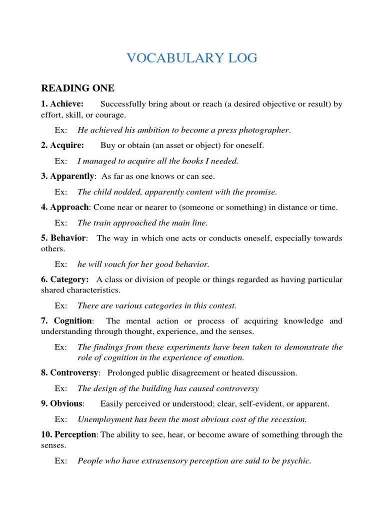 Vocabulary Log: Reading One | Download Free PDF | Perception | Vocabulary