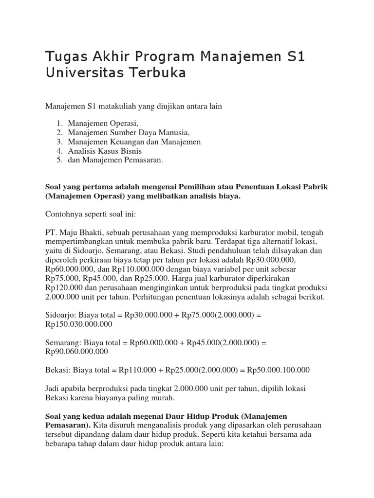 Tugas Akhir Program Manajemen S1 Universitas Terbuka | PDF
