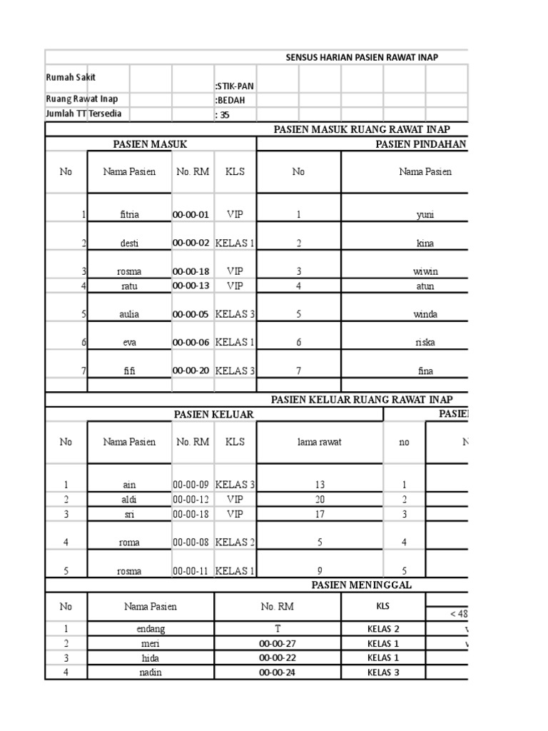 Sensus Harian Pasien Rawat Inap MC - Exel | PDF