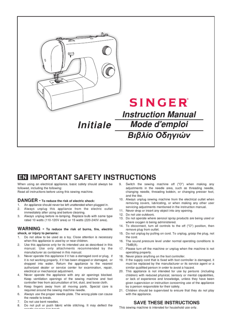 Notice Singer Initiale | PDF | Sewing Machine | Ac Power Plugs And Sockets