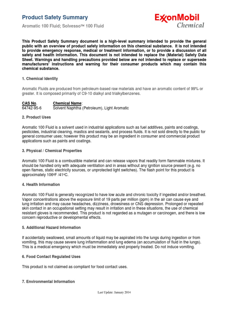 Aromatic 100 Product Safety Summary | PDF | Exxon Mobil | Toxicity
