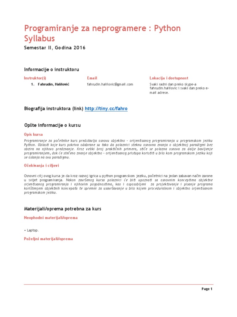 Programiranje Za Neprogramere: Python Syllabus: Semestar II, Godina 2016 | PDF