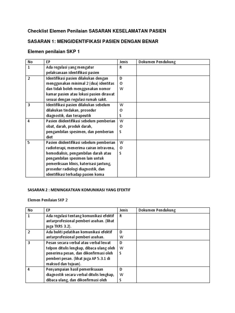 Checklist Elemen Penilaian Sasaran Keselamatan Pasien | PDF | Hukum ...