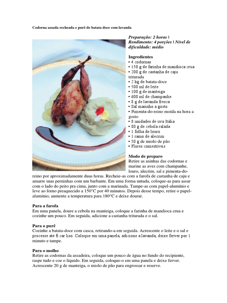 Codorna Assada Recheada e Purê de Batata Doce Com Lavanda | PDF ...