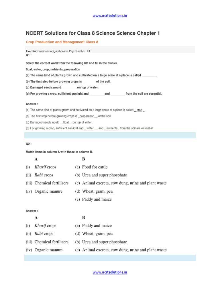 NCERT Solutions: Class 8 Science Ch 1 | PDF | Weed | Irrigation