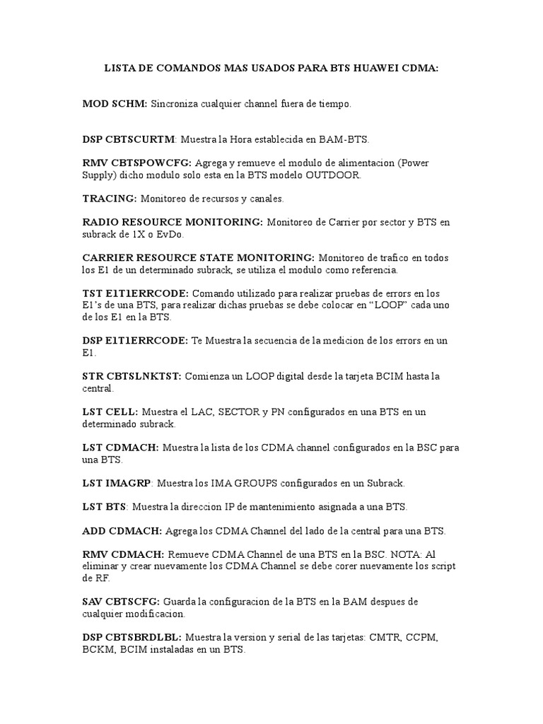 Comandos Clave BTS Huawei CDMA | PDF | Redes de computadoras | Informática