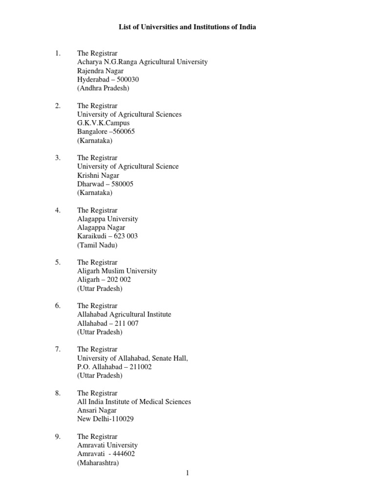 List of Universities and Institutions of India | PDF | Punjab | Tamil Nadu