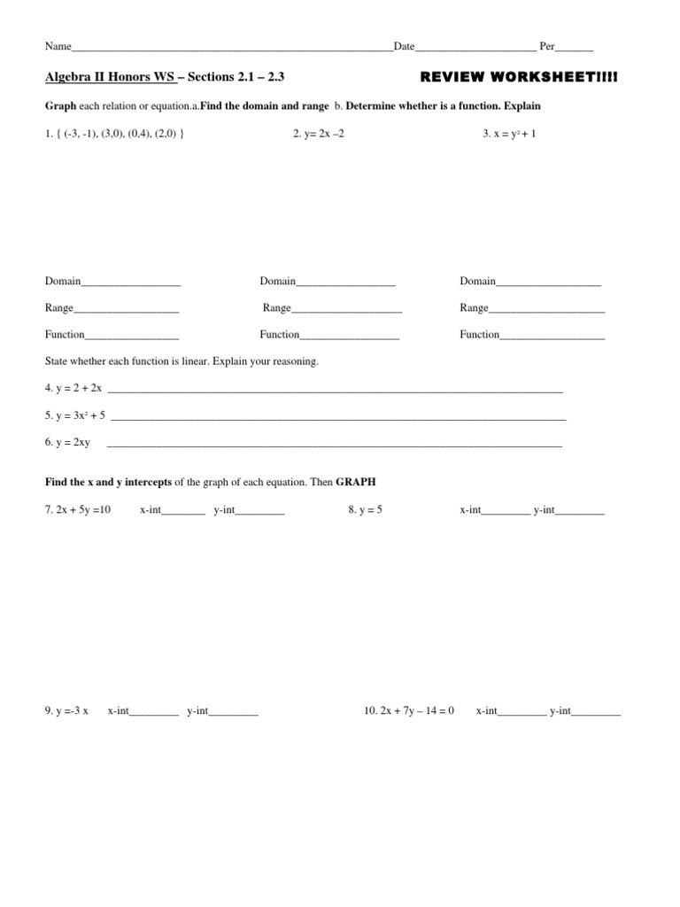 Algebra II Honors WS - Sections 2.1 - 2.3 | PDF