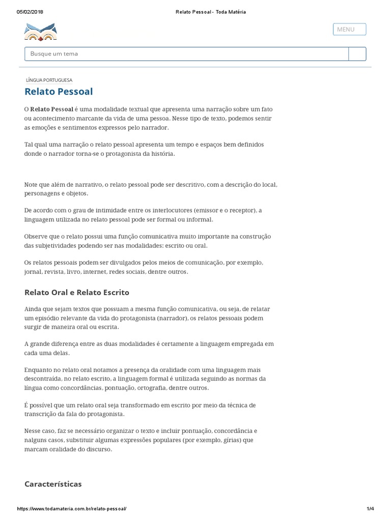 Relato Pessoal - Toda Matéria | Tempo Gramatical | Comunicação