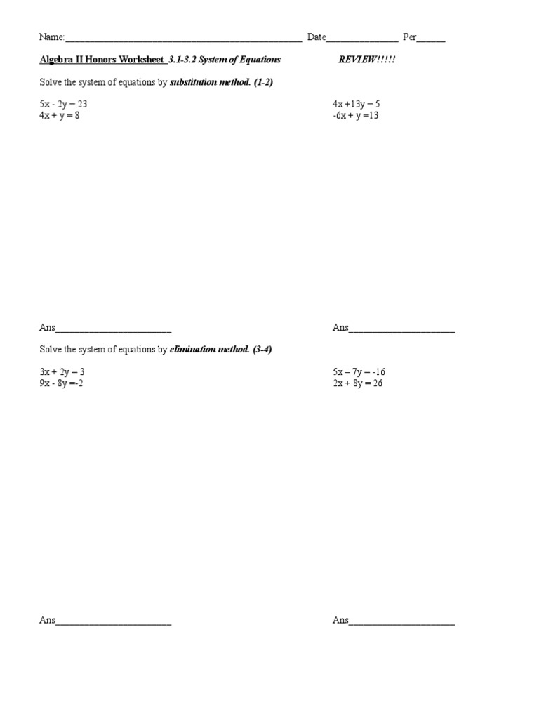 Algebra II Honors: Systems Review Worksheet | PDF | Teaching Methods ...