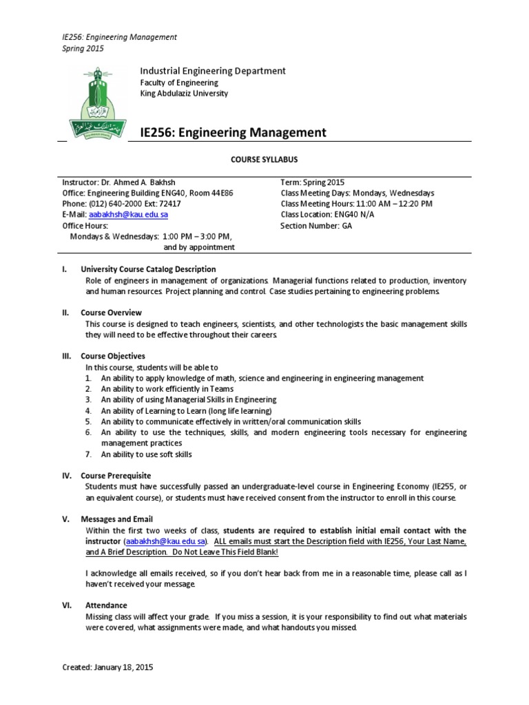 IE256 SP2015Syllabus Rev+1 | PDF | Case Study | Engineering