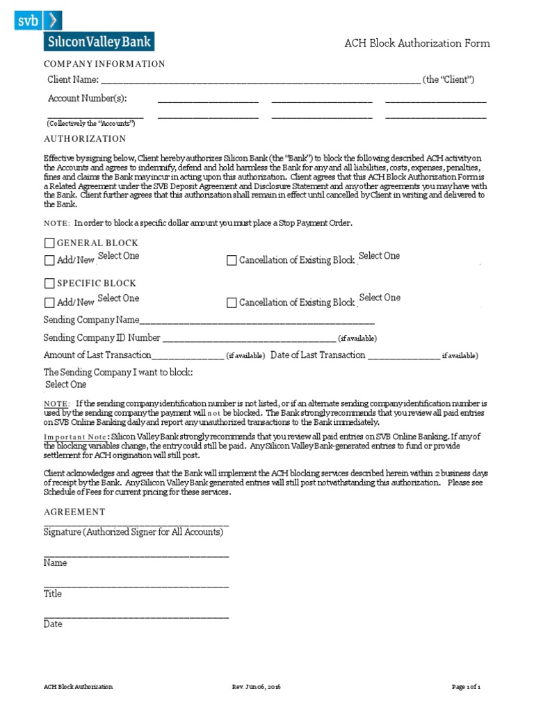 ACH Block Authorization | PDF | Financial Transaction | Banks