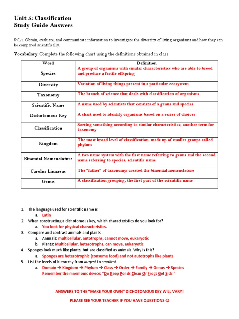 Classification Study Guide Answers | PDF | Taxonomy (Biology) | Organisms