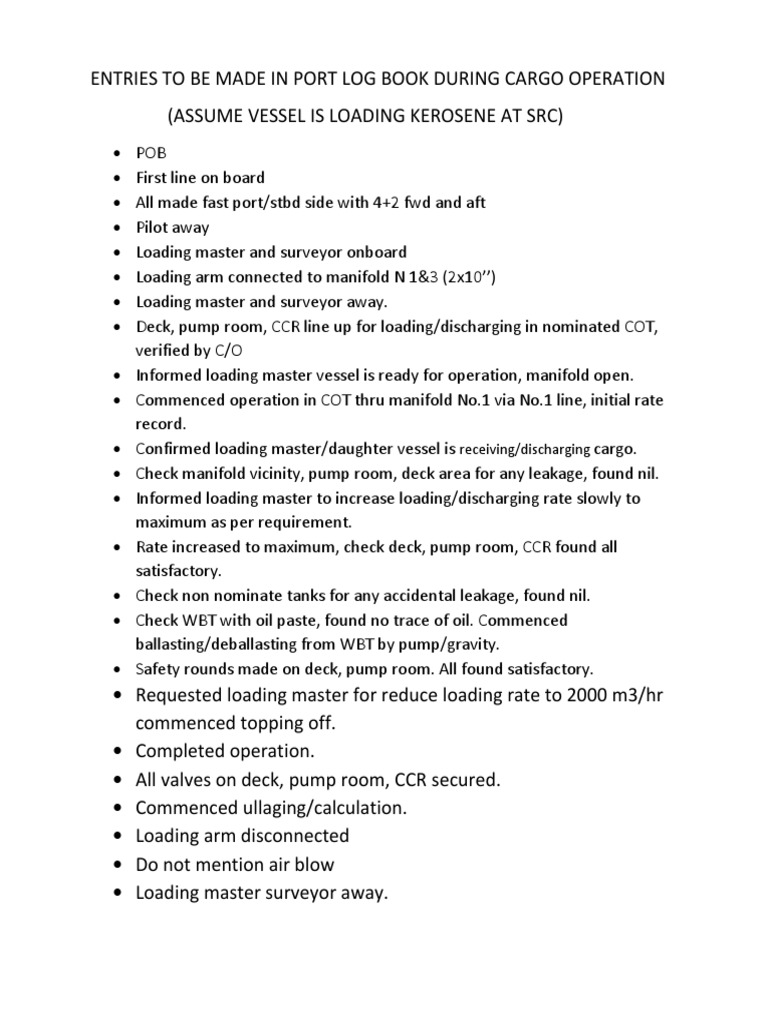 Entries To Be Made in Port Log Book | PDF | Ships | Pump