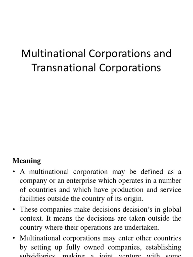 Multinational Corporations and Transnational Corporations ...