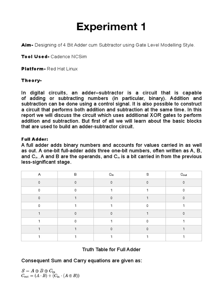 4 Bit Adder Subtractor Truth Table