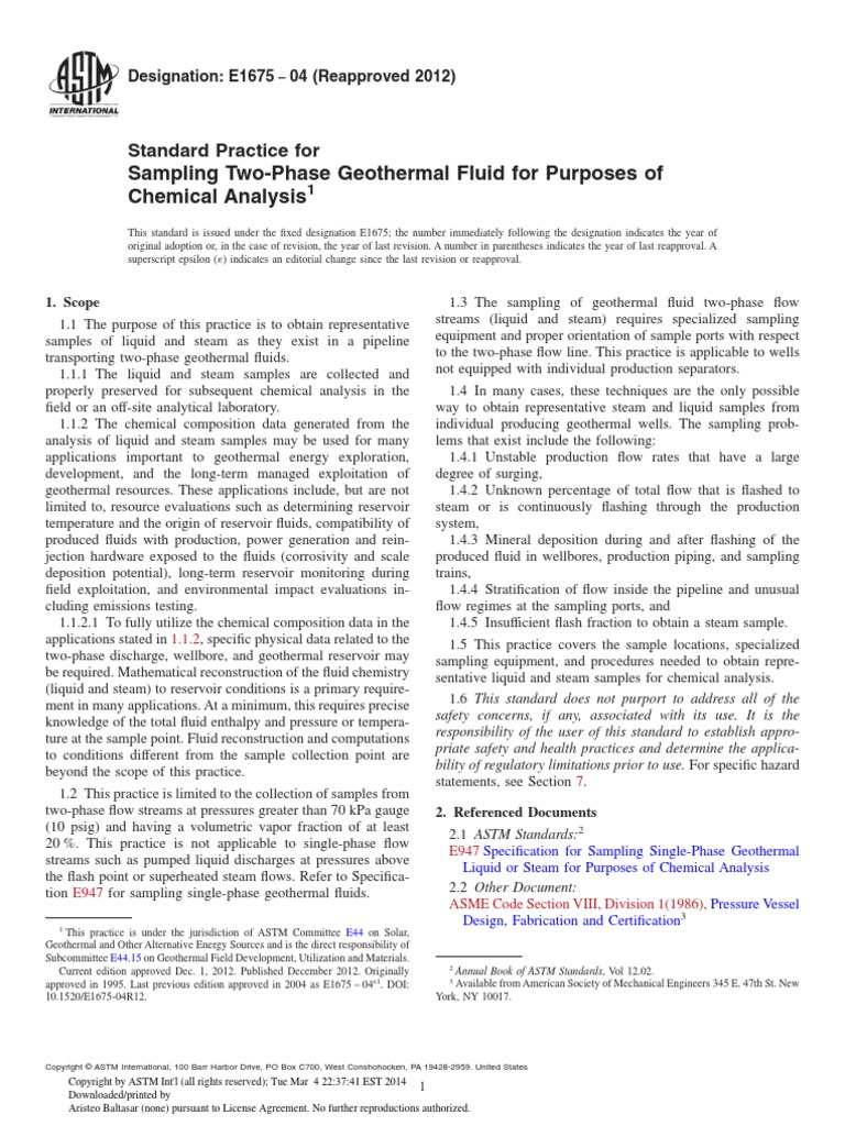 ASTM E1675 2phase Geothermal Fluids Sampling | PDF | Valve | Pressure