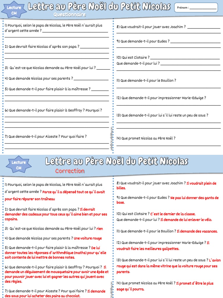 Lettre Au Pere Noel Du Petit Nicolas Questionnaire S | PDF | Noël | Loisirs