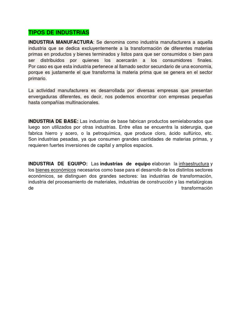 Tipos de Industrias | PDF | Materia prima | Industrias