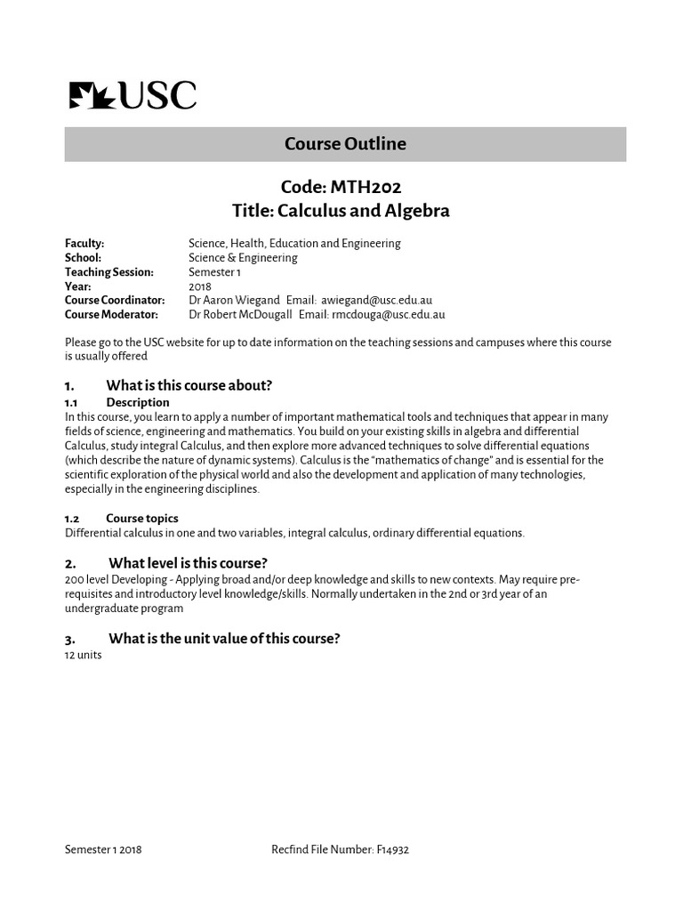 MTH202 Course Outline: Calculus & Algebra | PDF | Ordinary Differential ...