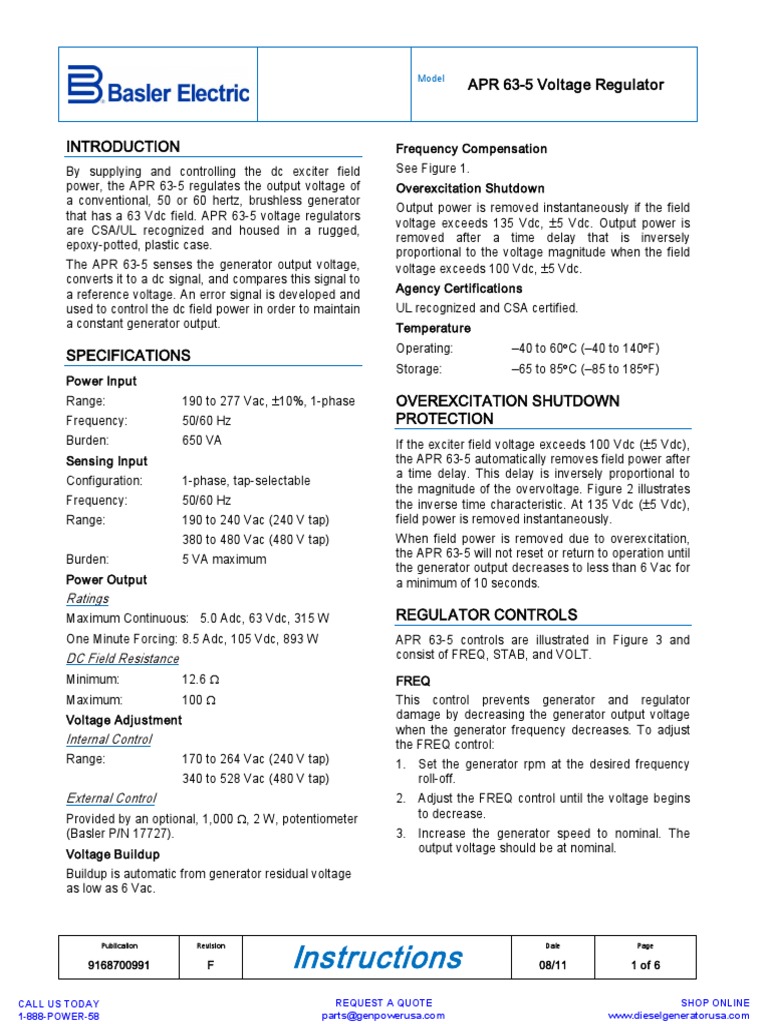 Apr63 5 Basler Electric Automatic Voltage Regulator Avr Data Sheet ...
