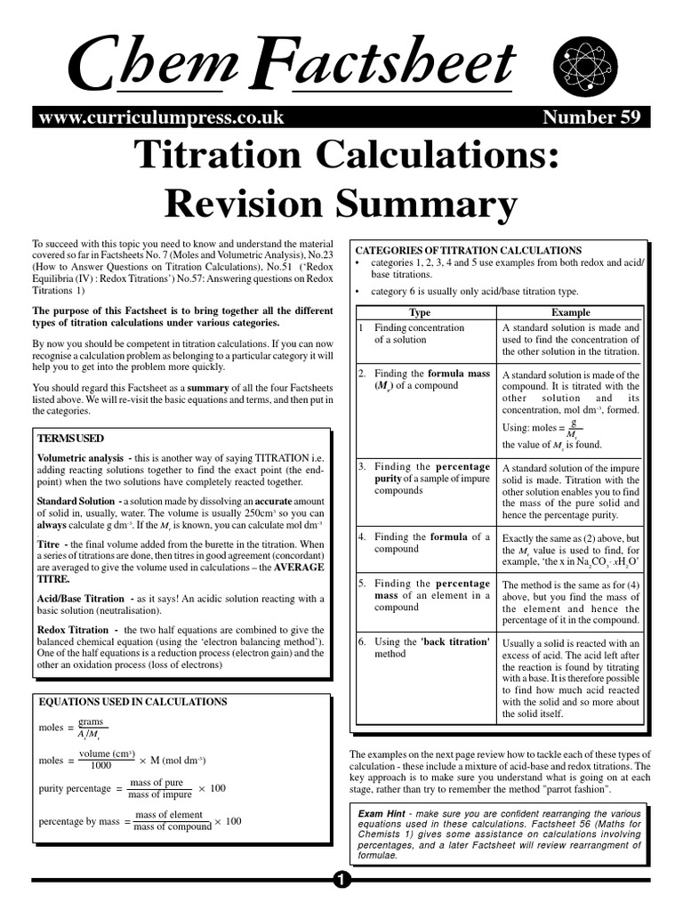 Titration Calculations Overview | PDF | Titration | Chemistry
