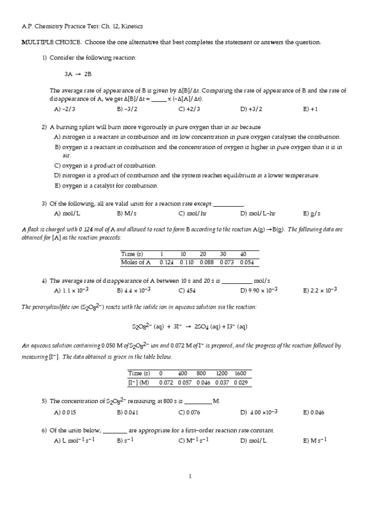 AP Chemistry Kinetics Practice Test | PDF | Activation Energy ...