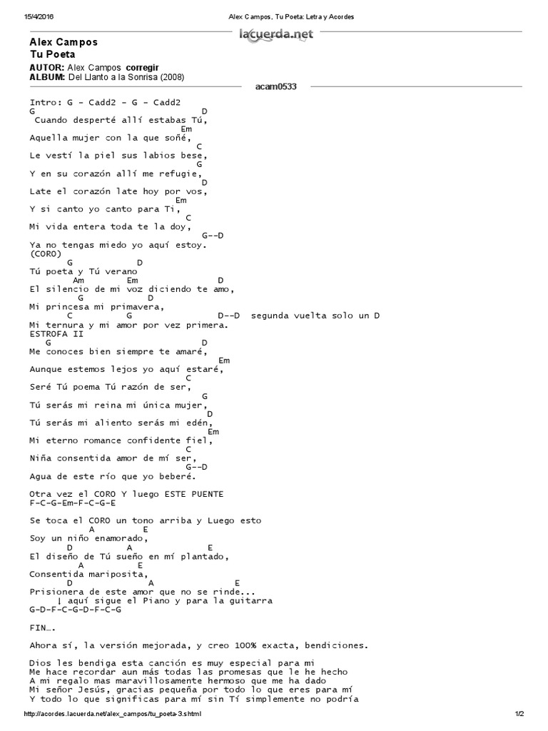 Alex Campos Tu Poeta Letra y Acordes | PDF | Ocio | Entretenimiento ...