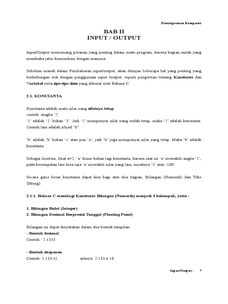 Pemrograman C: Input, Output, Variabel | PDF | Metode & Bahan Ajar | Teknologi & Rekayasa