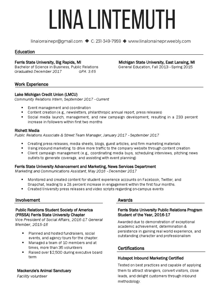 Lintemuth Lina - Resume | PDF | Public Relations | Press Release