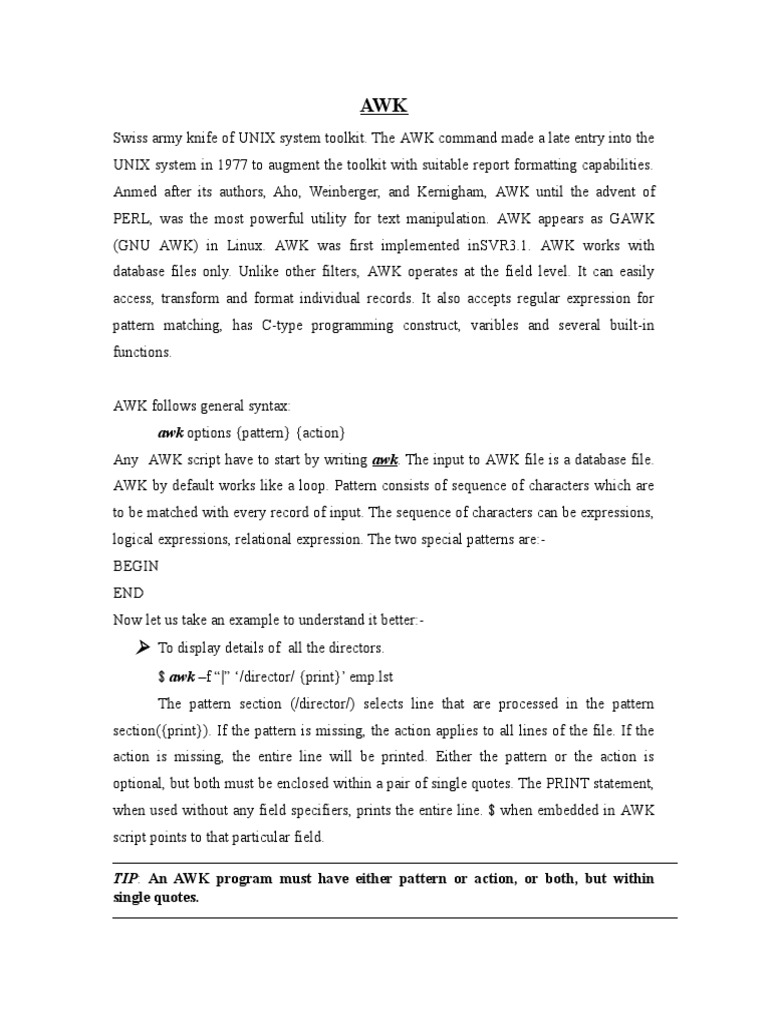 Awk Options (Pattern) (Action) : Single Quotes | PDF | Parameter ... Awk Options (Pattern) (Action) : Single Quotes | PDF | Parameter ...