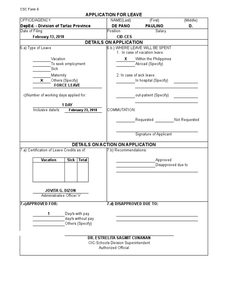 Application For Leave: Deped. - Division of Tarlac Province de Pano ...