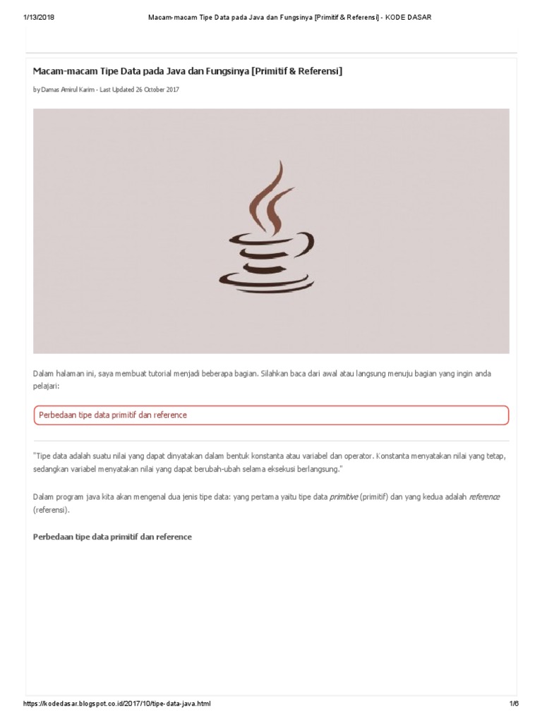 Macam-Macam Tipe Data Pada Java Dan Fungsinya (Primitif & Referensi) - KODE DASAR | PDF