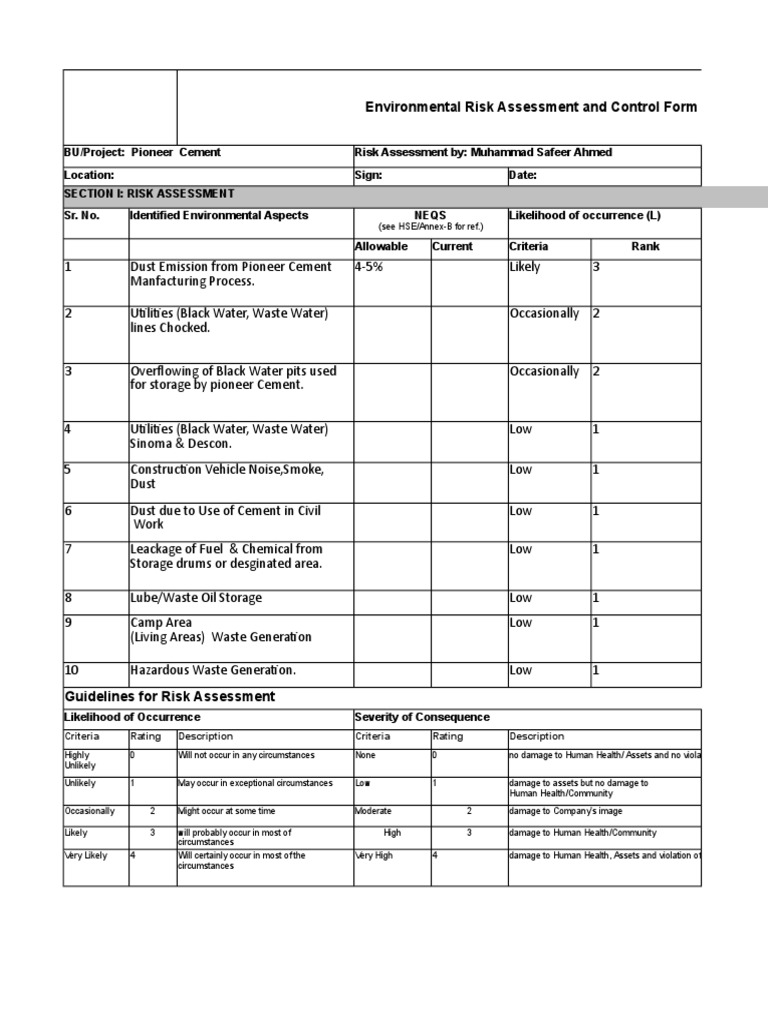 CONST-PK-HSE FRM-38 Environmental Risk Assessment and Control Form ...