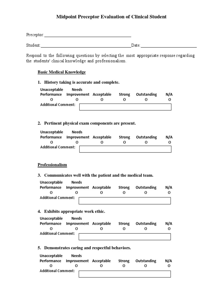 Midpoint Preceptor Evaluation of Student | PDF