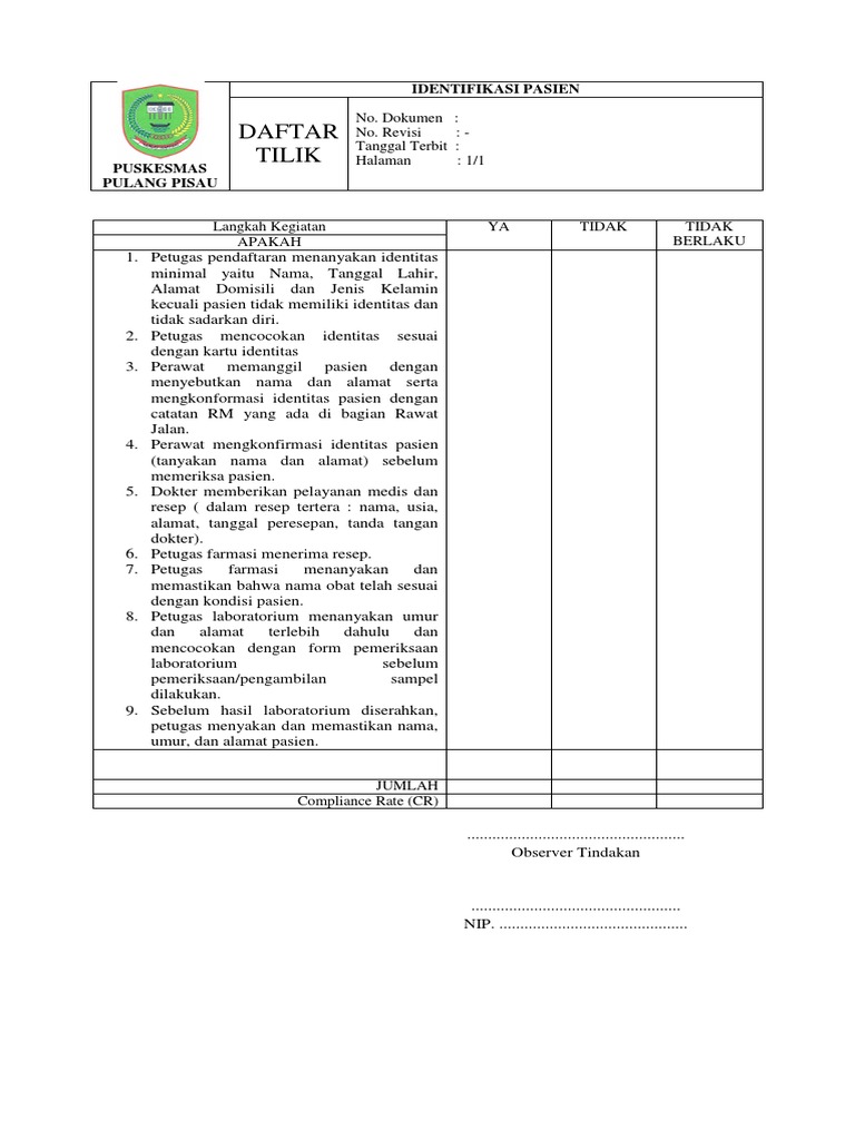 Daftar Tilik Identifikasi Pasien | PDF