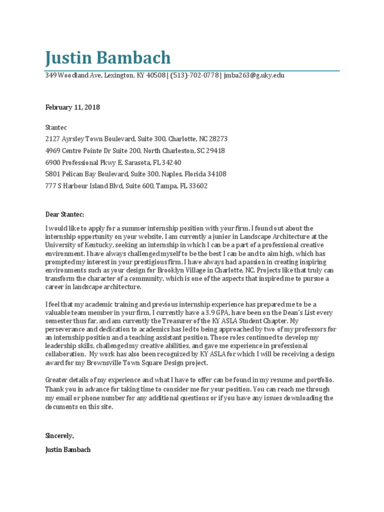 Justin Bambach Cover Letter Stantec | PDF