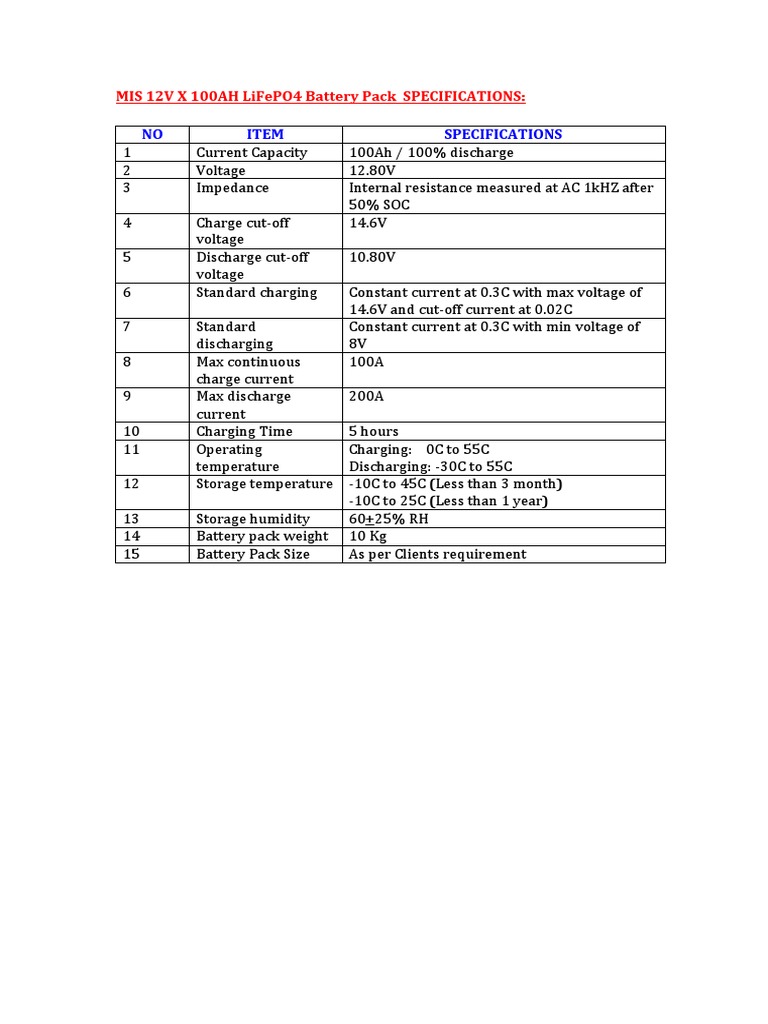 12V X 100ah LiFePO4 Datasheet.154193922 PDF | PDF