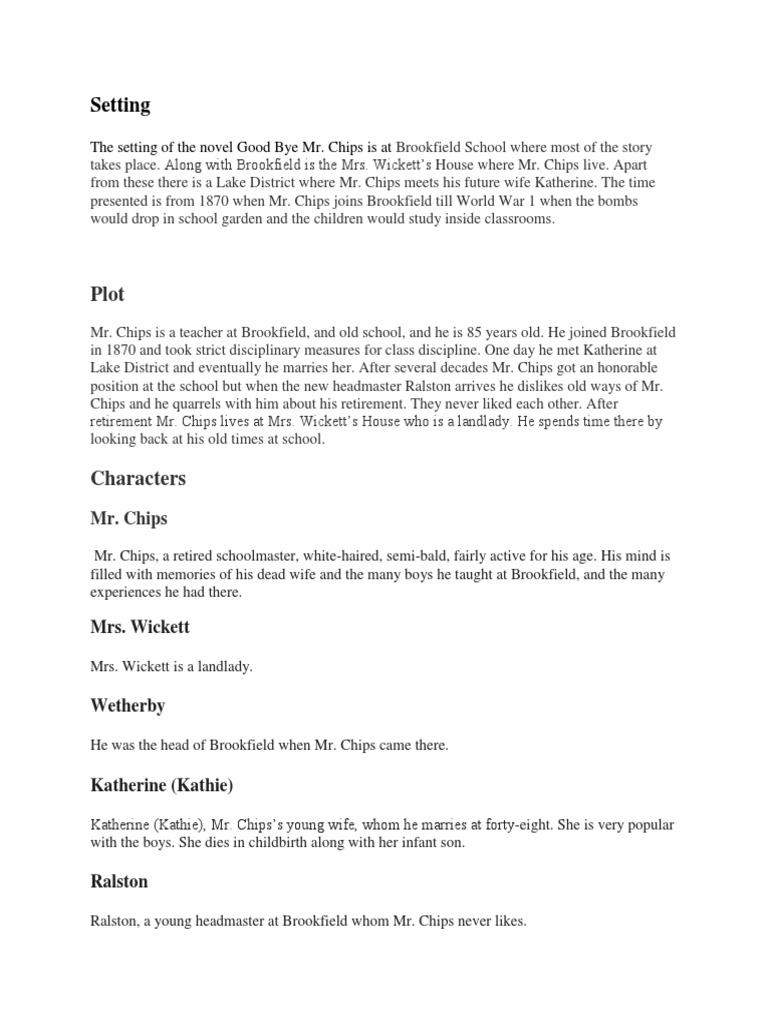 Setting: The Setting of The Novel Good Bye Mr. Chips Is at | PDF ...