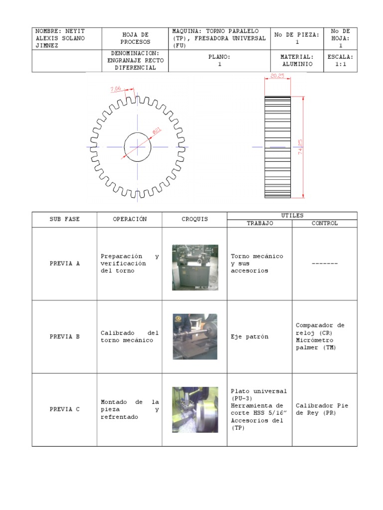 Hoja de Prosesos para Un Engranaje Recto Diferencial | Engranaje | Metalurgia