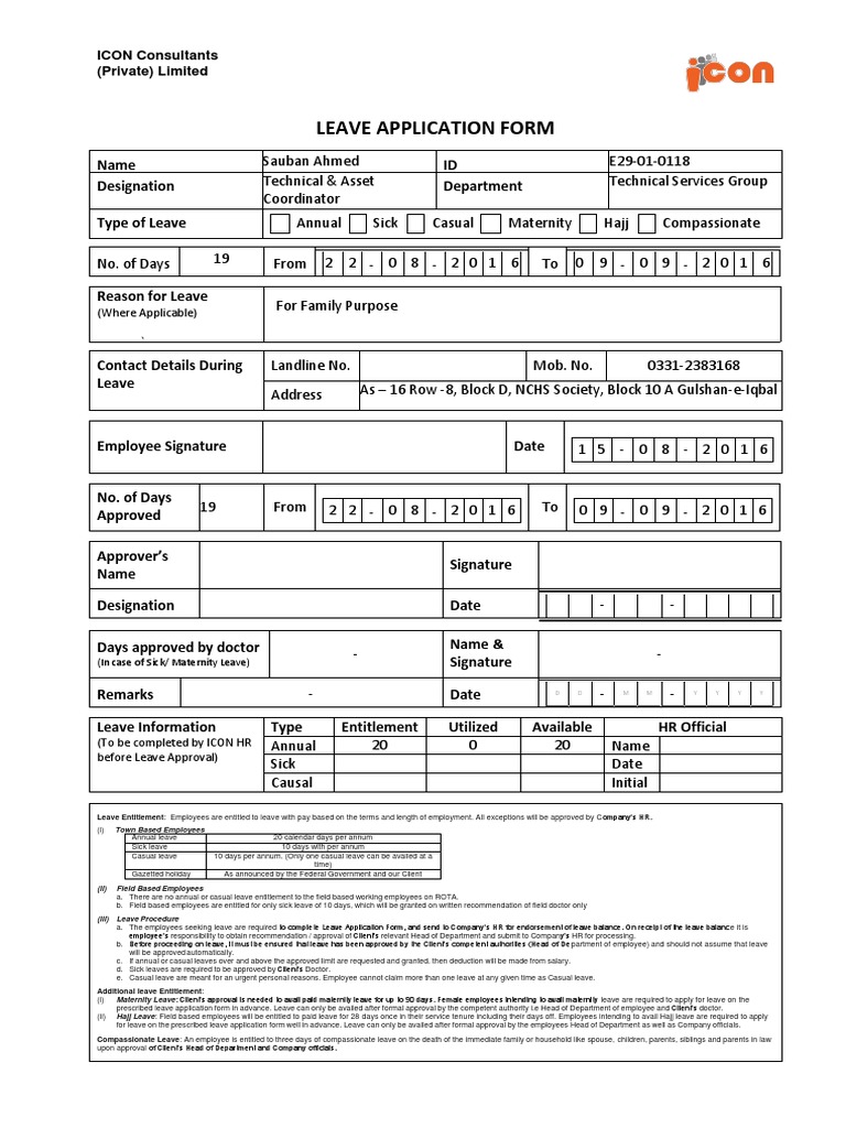 Leave Application Form | Download Free PDF | Sick Leave | Parental Leave