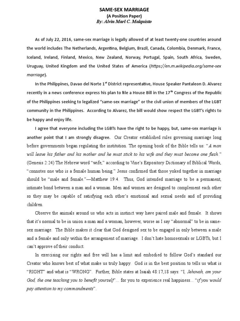 Position Paper Same-Sex Marriage | PDF | Same Sex Marriage | Lgbt
